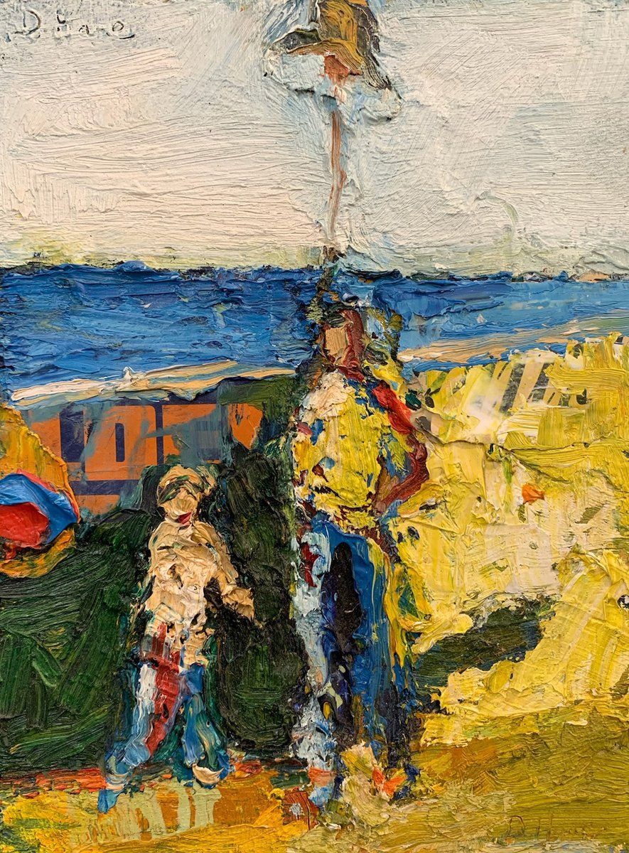 Two Figures and Palm Tree by Dennis Hare (Mixed Media on Board, 12" x 9 ...
